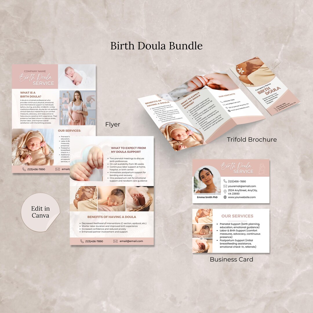 Doula Flyer Business Card Brochure Bundle Template Canva Editable Birth ...
