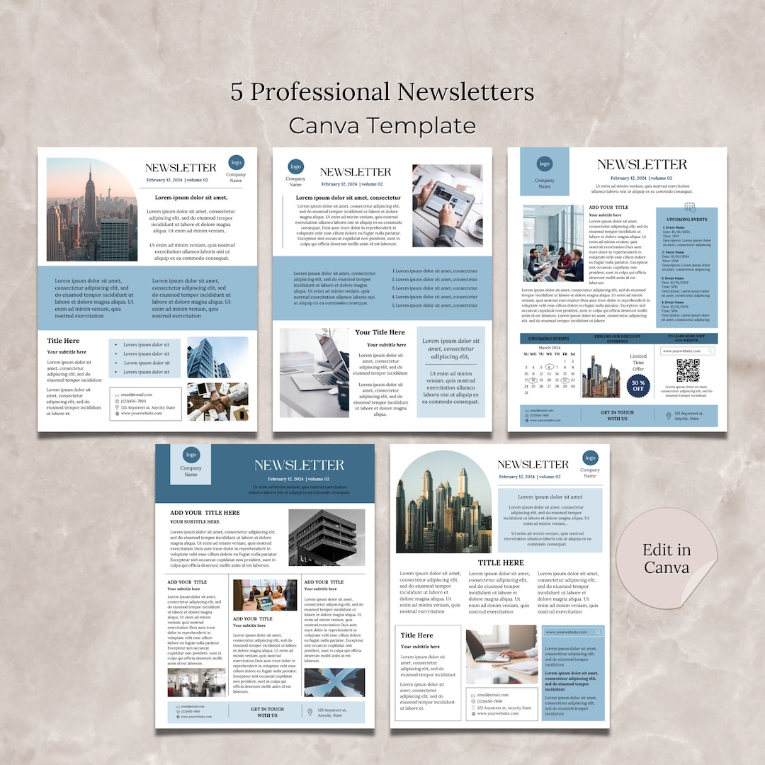 Newsletter Email Template Canva, Blue Editable Business Monthly ...