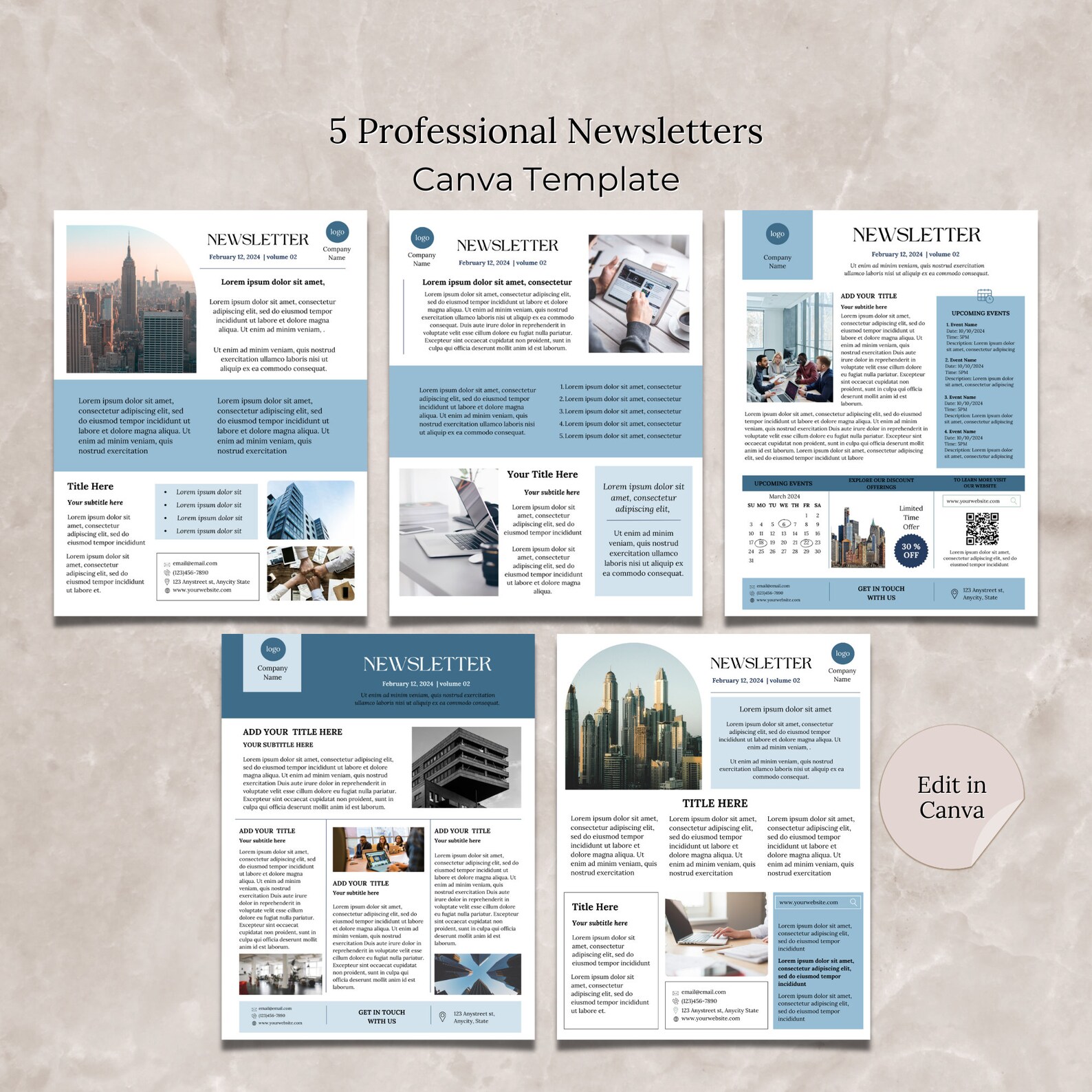 Newsletter Email Template Canva, Blue Editable Business Monthly ...