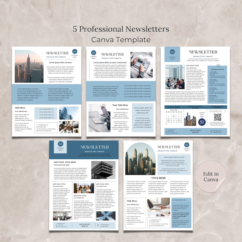 Newsletter Email Template Canva, Blue Editable Business Monthly ...
