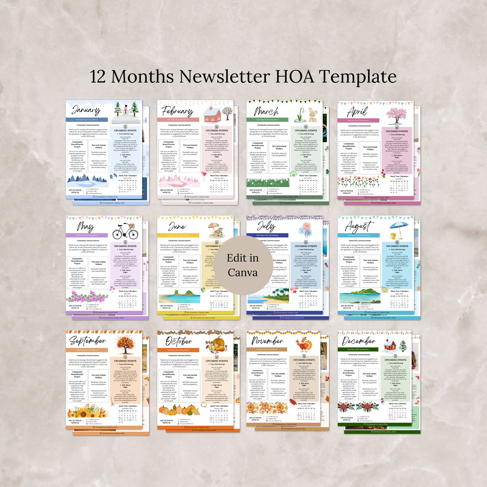 HOA Monthly Newsletter Canva Template, Editable Full Year 2025 ...