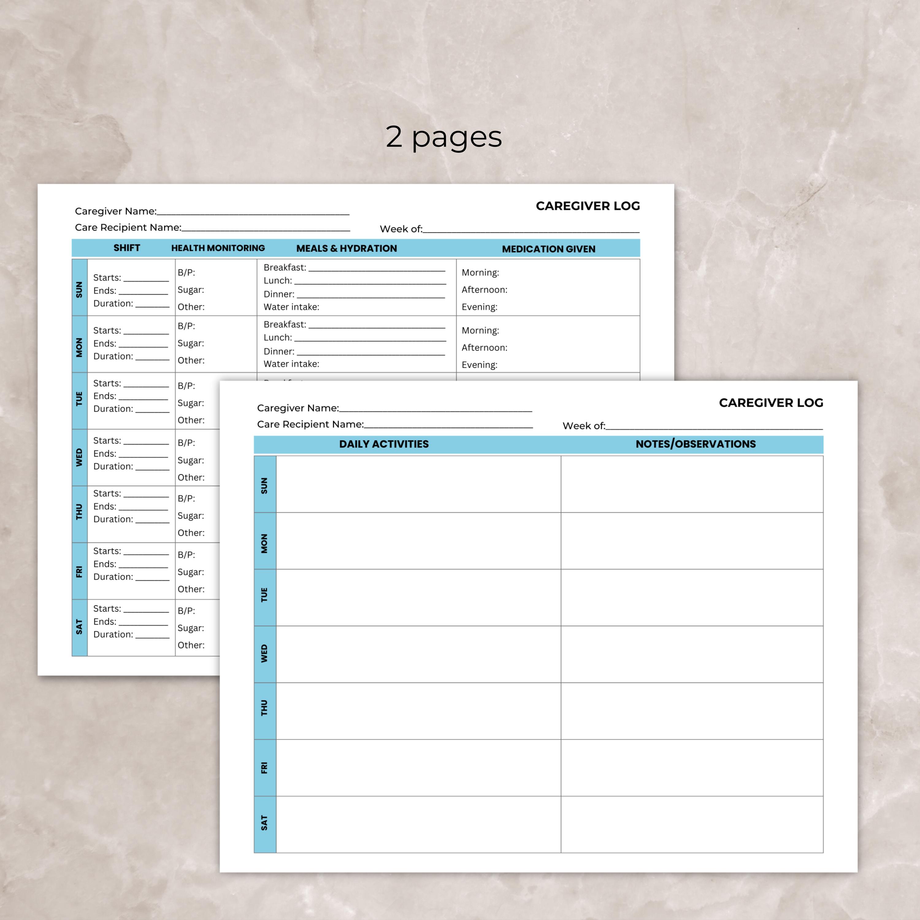 Printable Caregiver Log, Caregiver Logbook Weekly Elderly Medication ...
