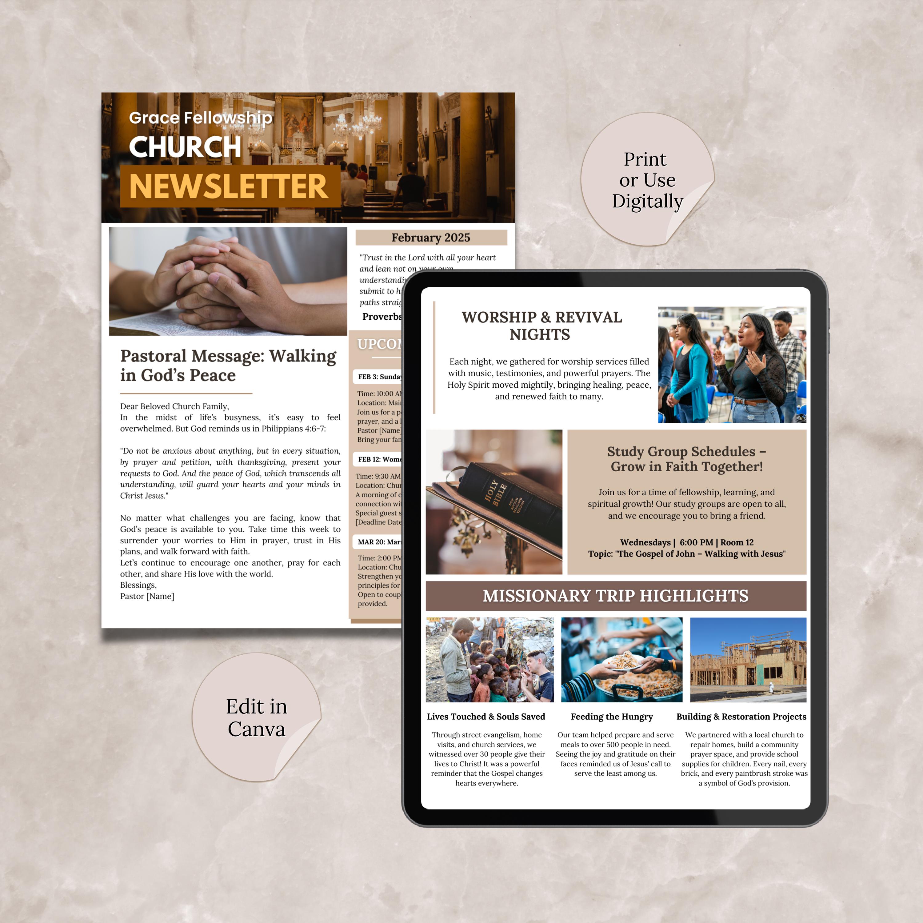Church Newsletter Template Canva, Editable Christian Newsletter Flyer ...