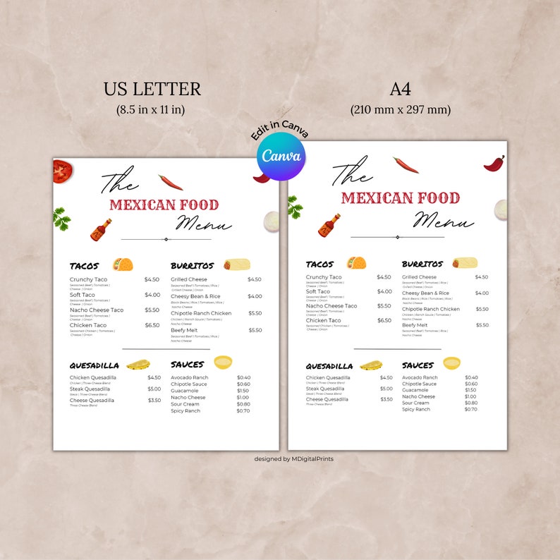 Mexican Food Menu Canva Template, Editable Menu for Mexican Restaurant ...