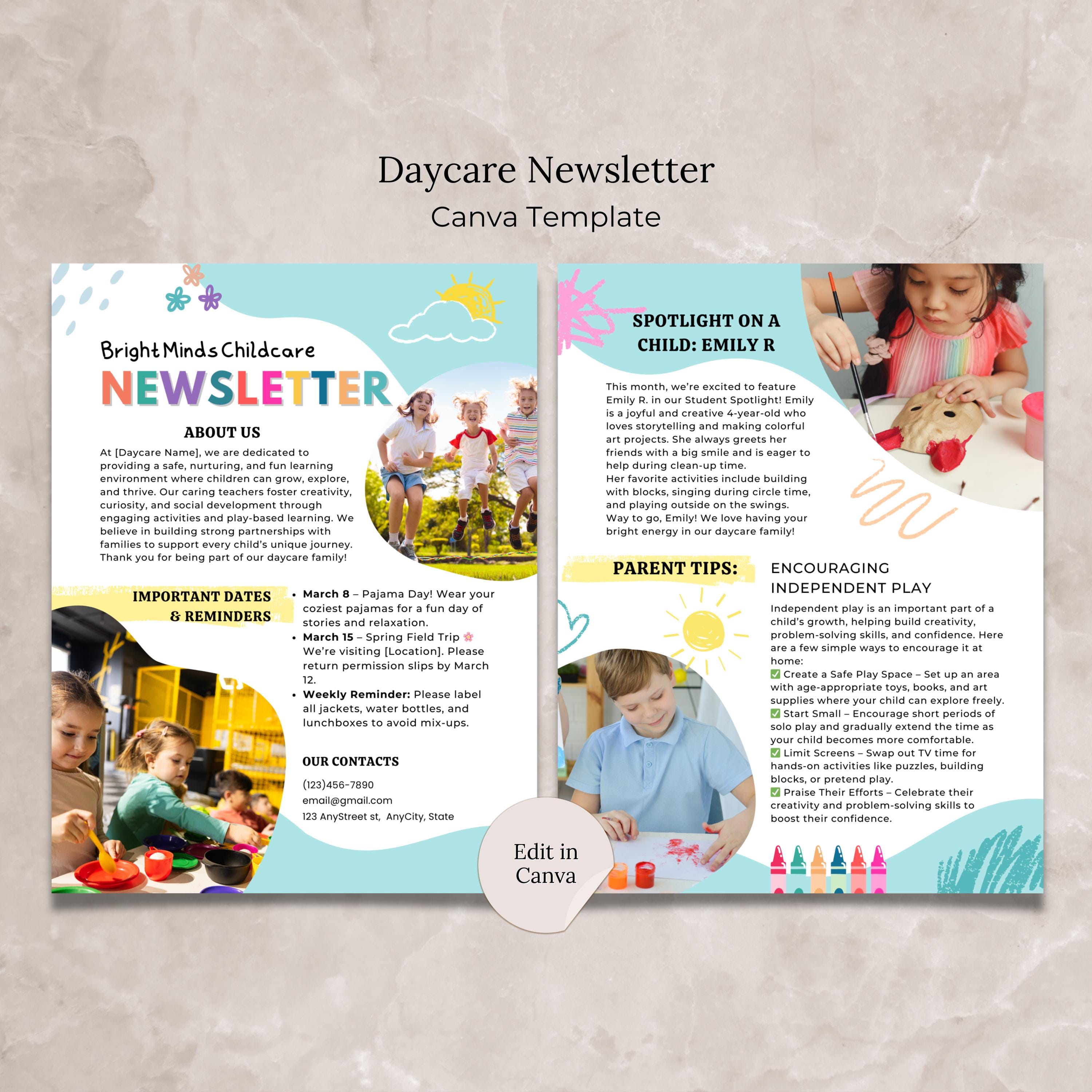 Daycare Newsletter Canva Template, Editable Childcare Newsletter Bundle ...