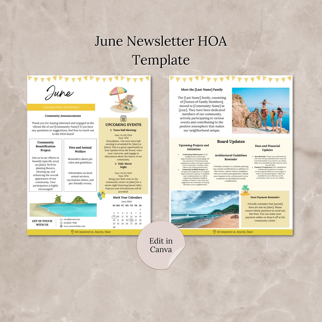 June HOA Newsletter Canva Template, Editable June Month Newsletter ...