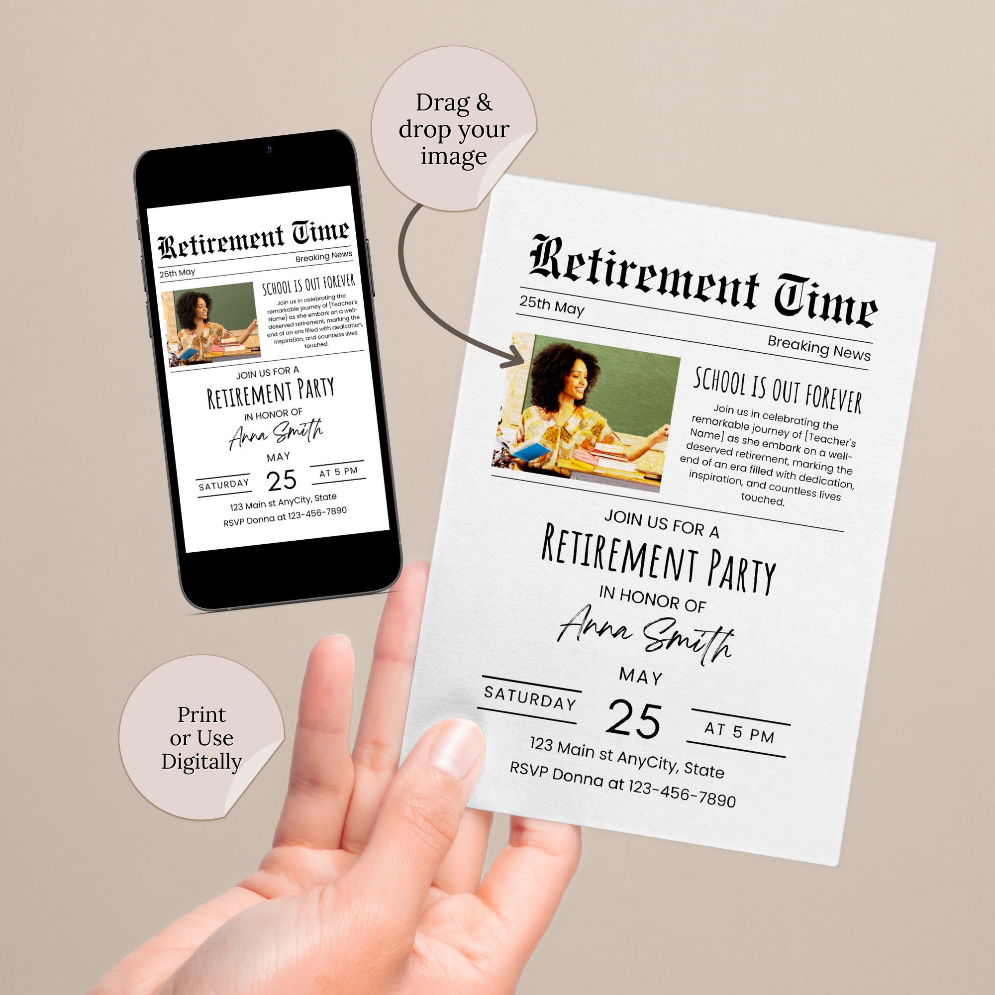 Teacher Retirement Invitation Canva Template Editable School Teacher ...