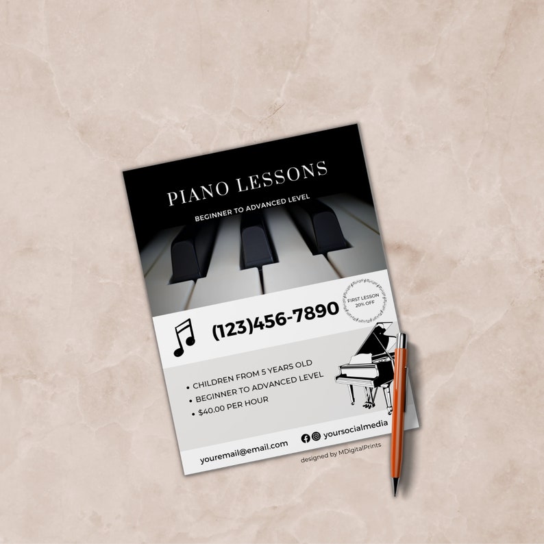Piano Lessons Flyer Canva Template, Editable Piano Teacher Flyer, Piano ...
