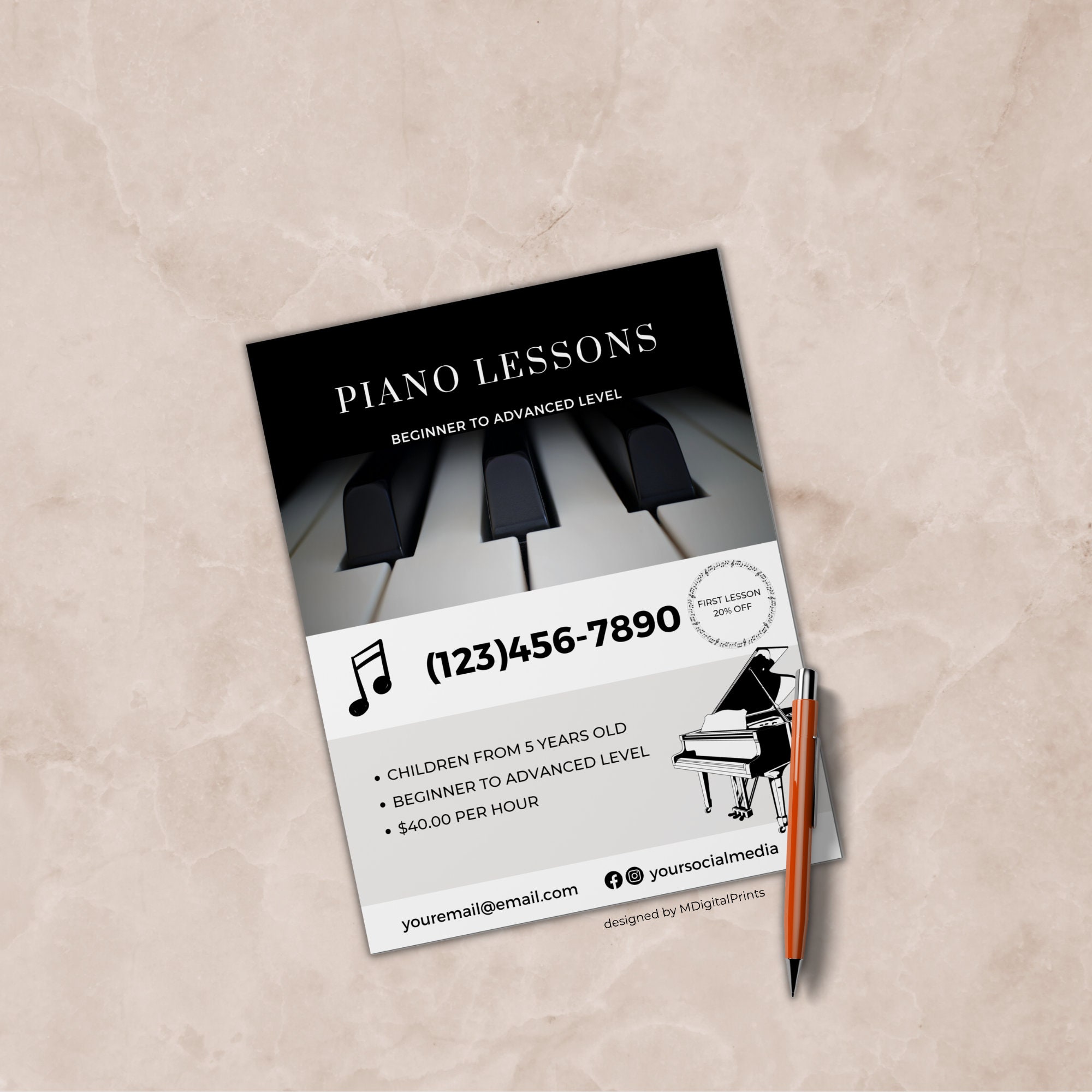 Piano Lessons Flyer Canva Template, Editable Piano Teacher Flyer, Piano ...