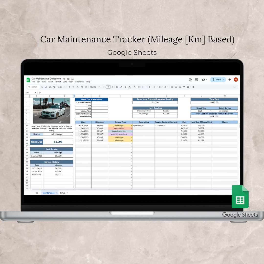 Car Maintenance Tracker Google Sheet, Auto Maintenance Log Vehicle ...