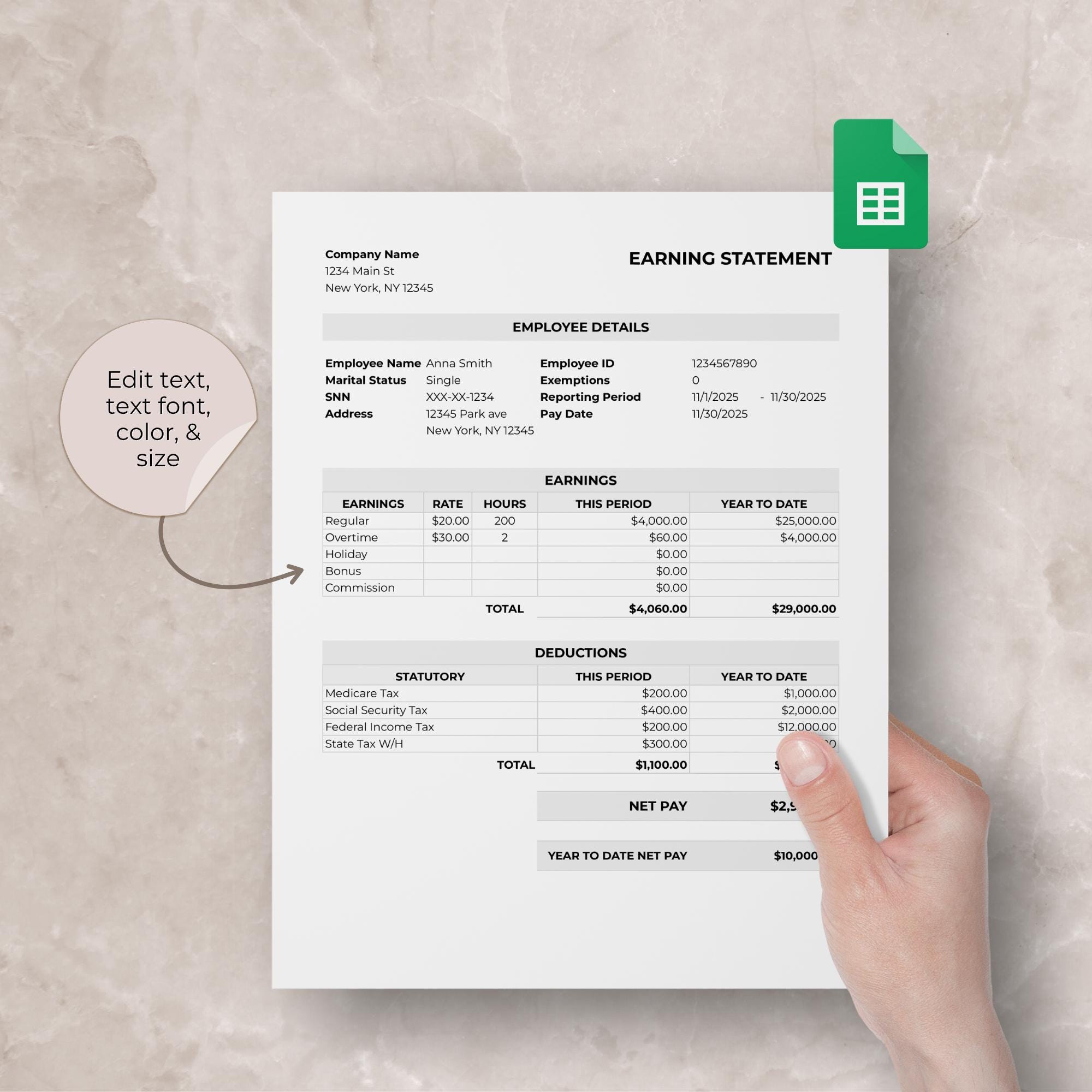 Paystub Template Google Sheets, Editable Earnings Statement Download as ...
