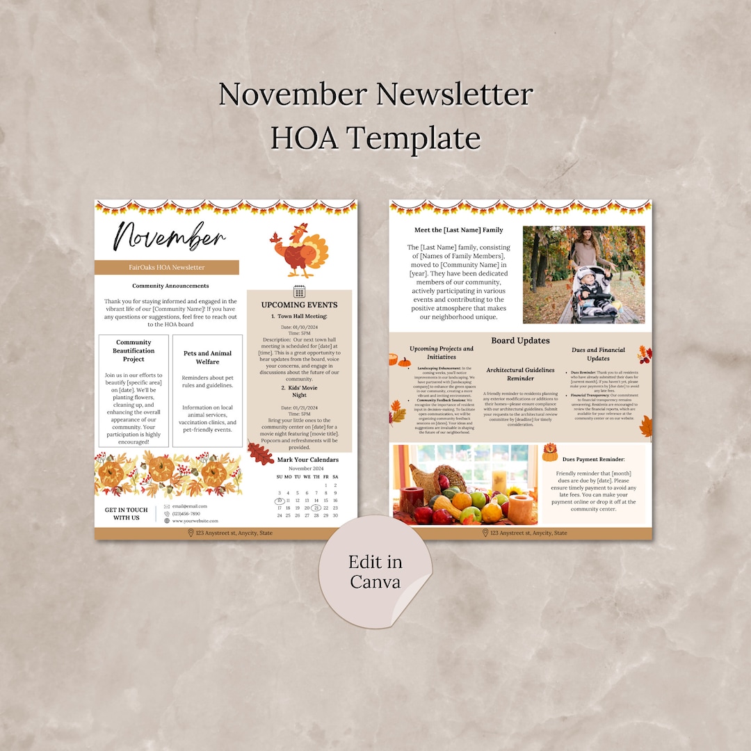 November HOA Newsletter Canva Template Editable Thanksgiving Newsletter ...
