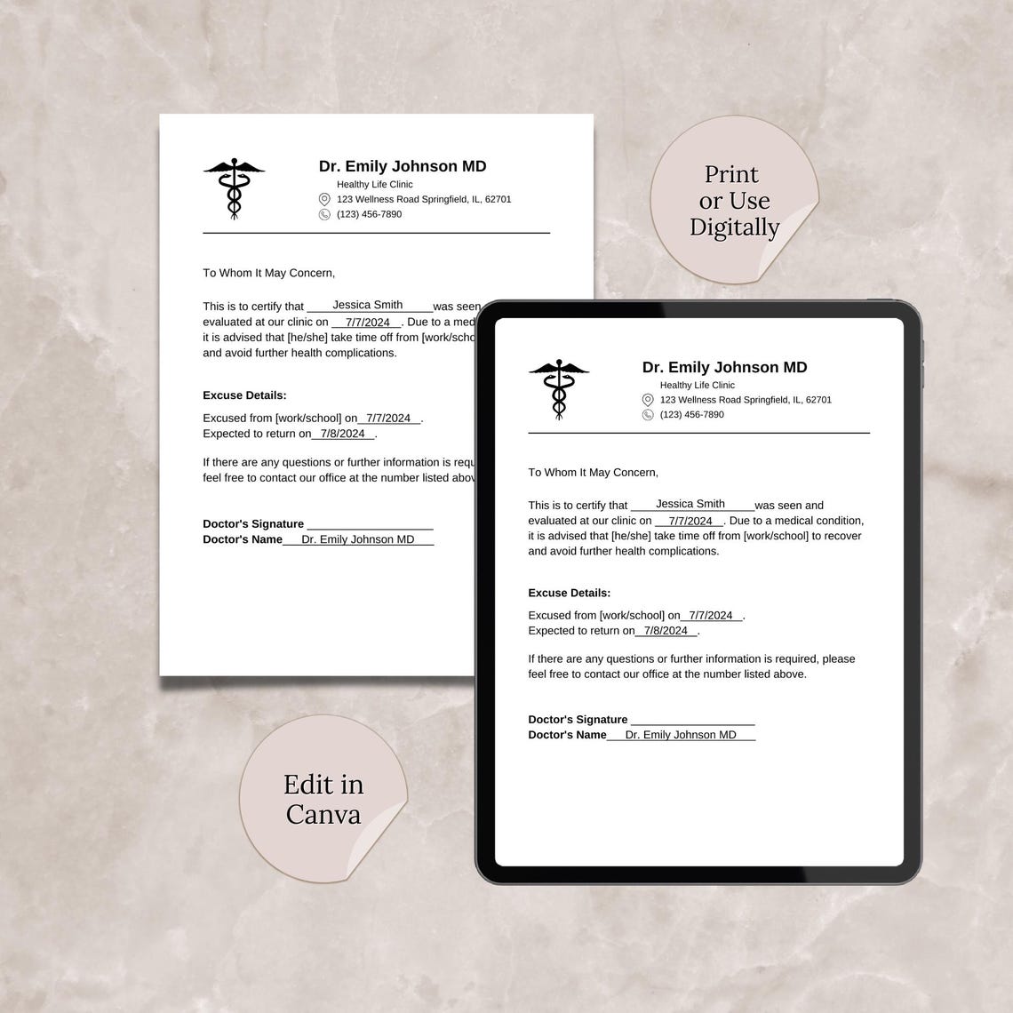 Doctors Excuse Note Template Canva, Editable Doctor Excuse for Work ...
