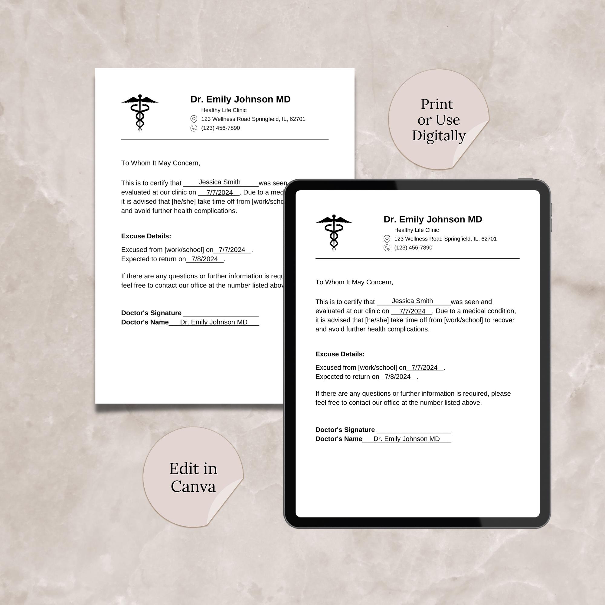 Doctors Excuse Note Template Canva, Editable Doctor Excuse for Work ...