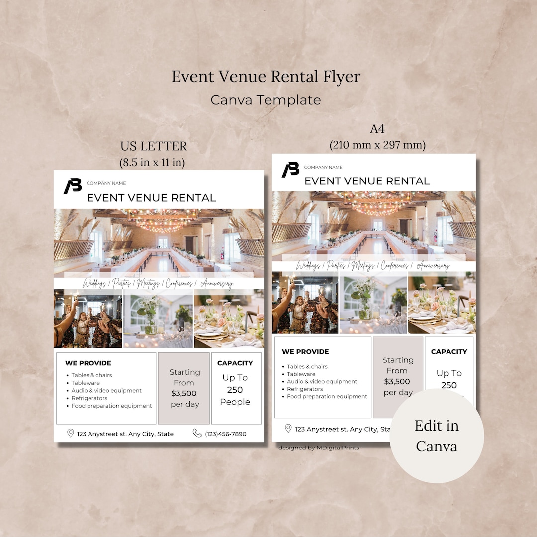 Event Venue Rental Flyer Canva Template, Venue Rental Business Editable ...