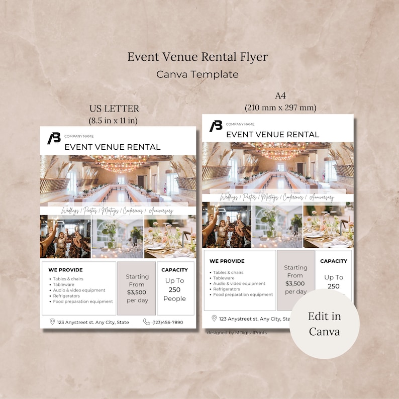 Event Venue Rental Flyer Canva Template, Venue Rental Business Editable ...