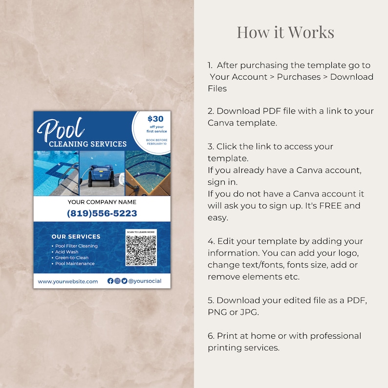 Professional Pool Service Flyer, Editable Canva Template, Marketing ...