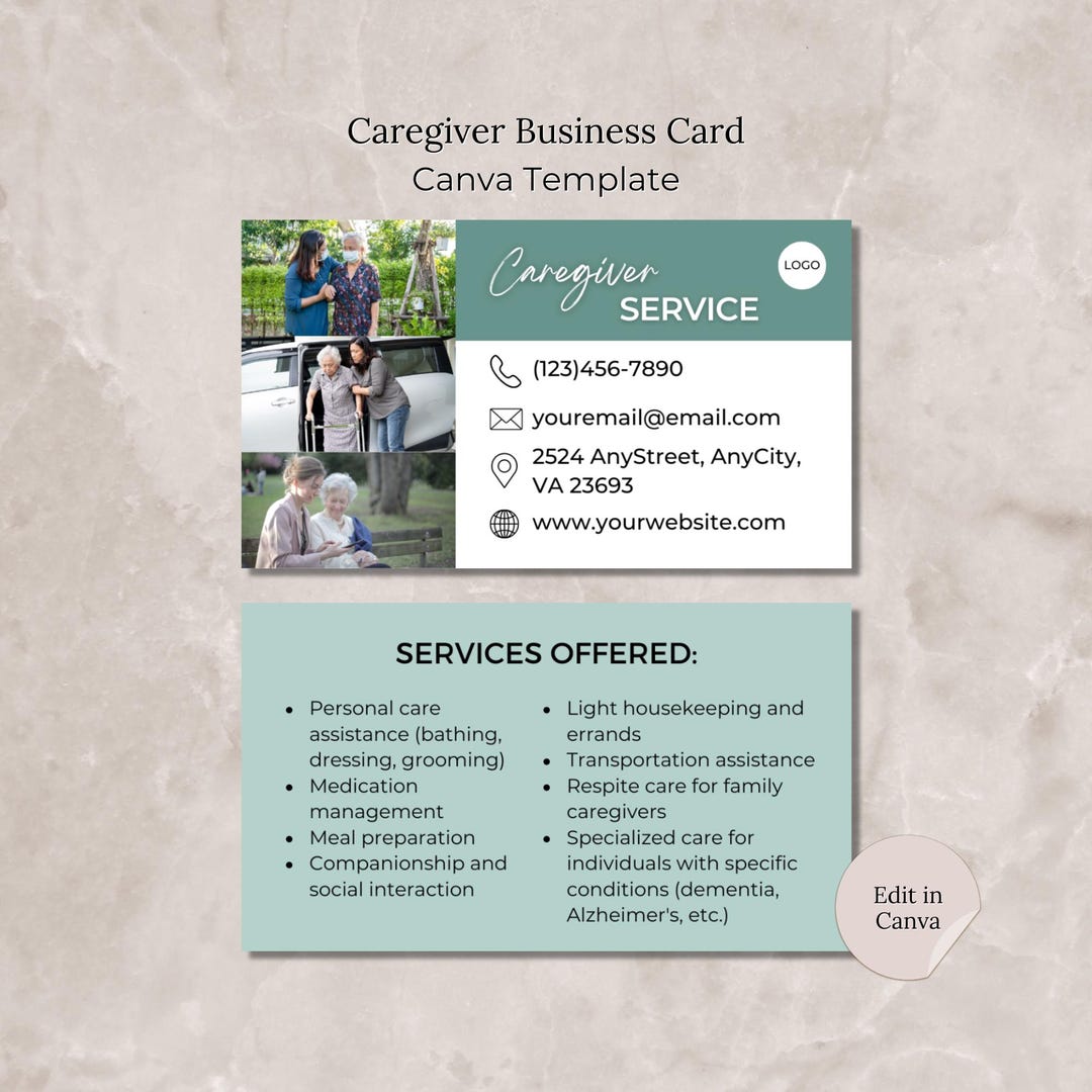 Caregiver Business Card Canva Template Bundle, Elderly Care Card ...