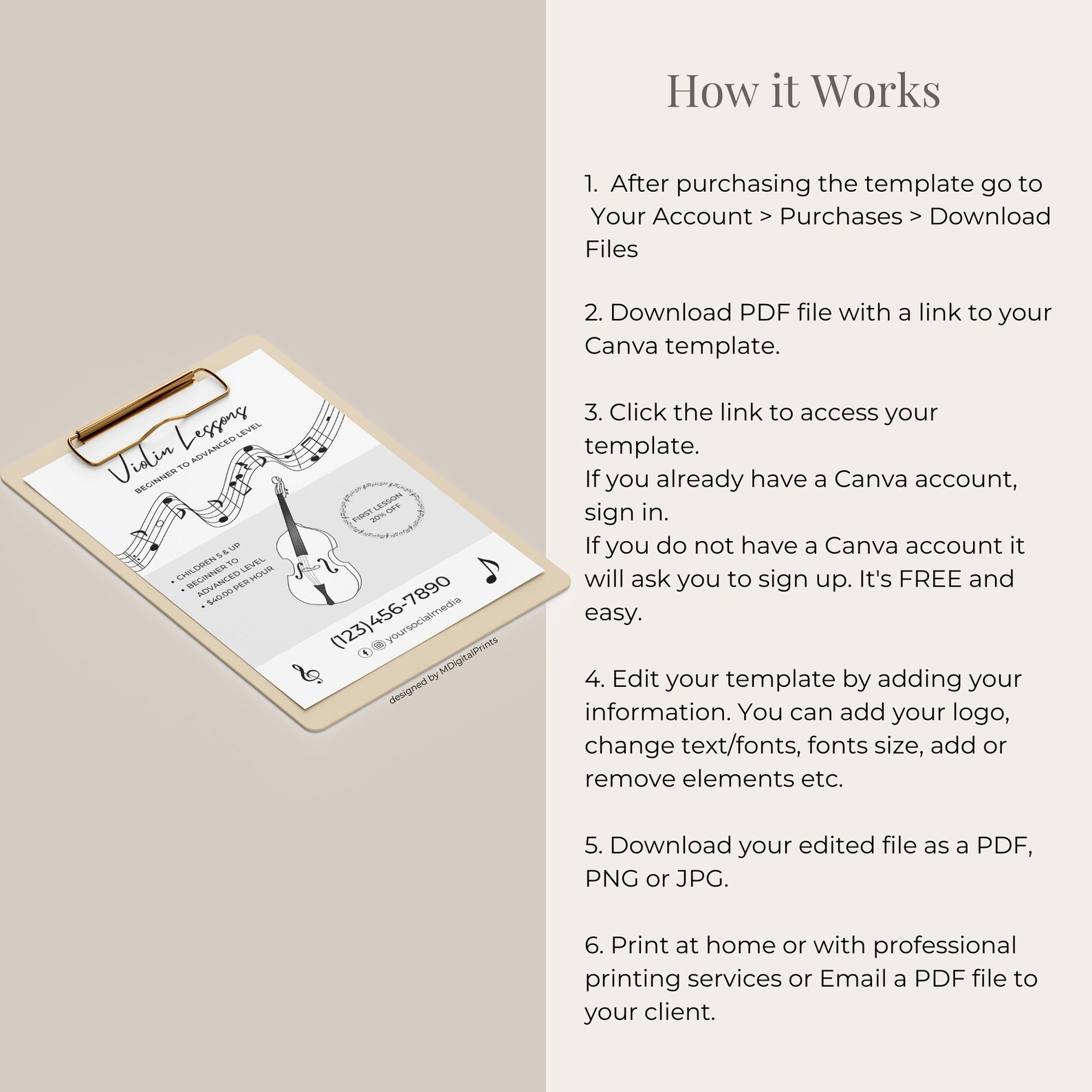 Violin Lessons Flyer Canva Template, Violin Teacher Editable Flyer ...