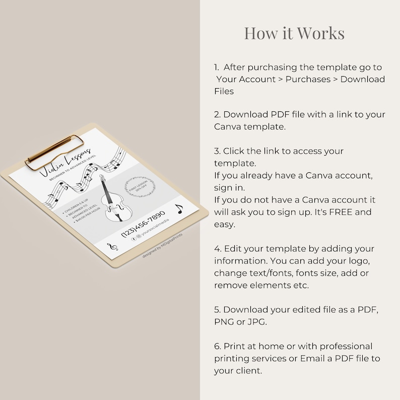 Violin Lessons Flyer Canva Template, Violin Teacher Editable Flyer ...