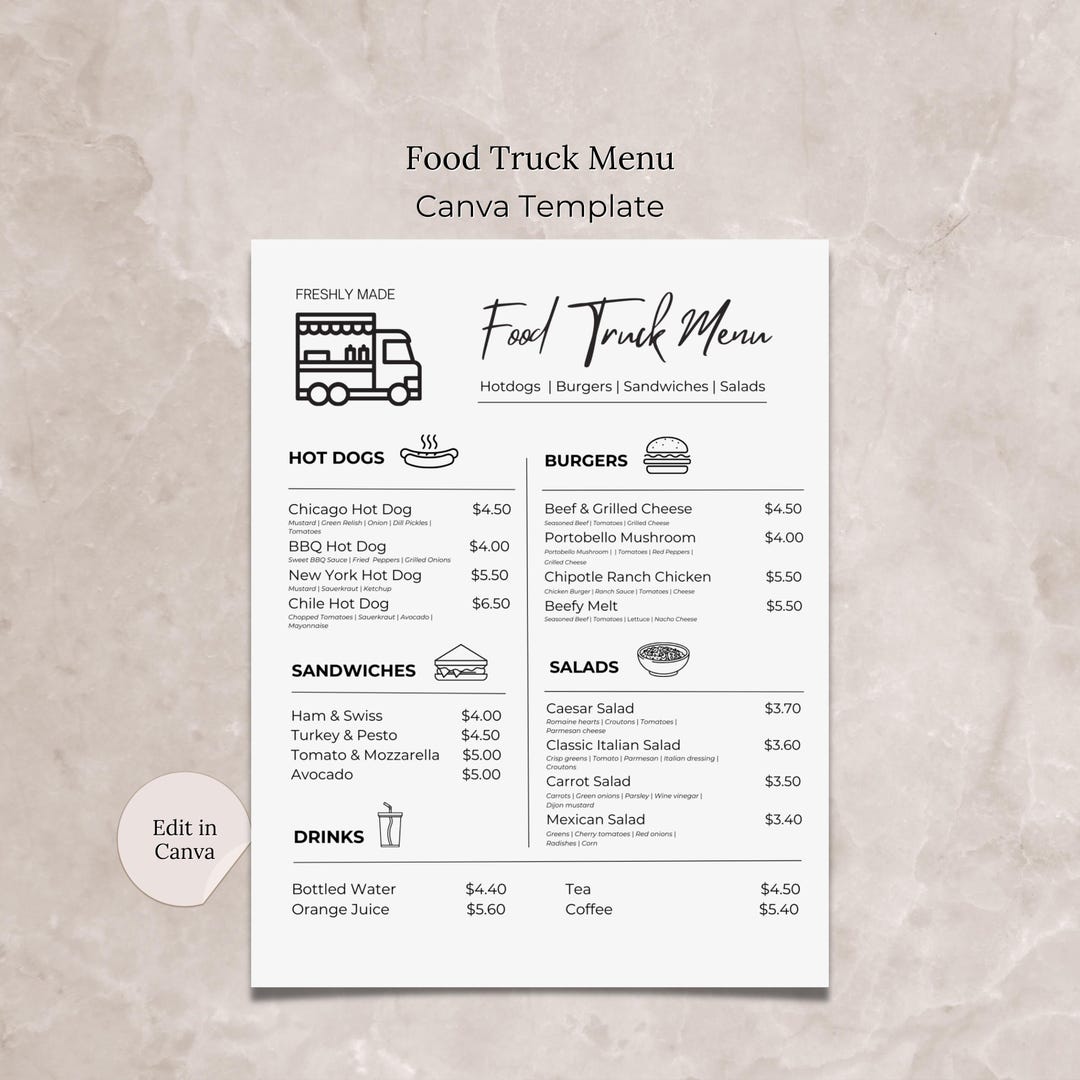 Food Truck Menu Canva Template, Editable Fast Food Menu, Minimalist ...
