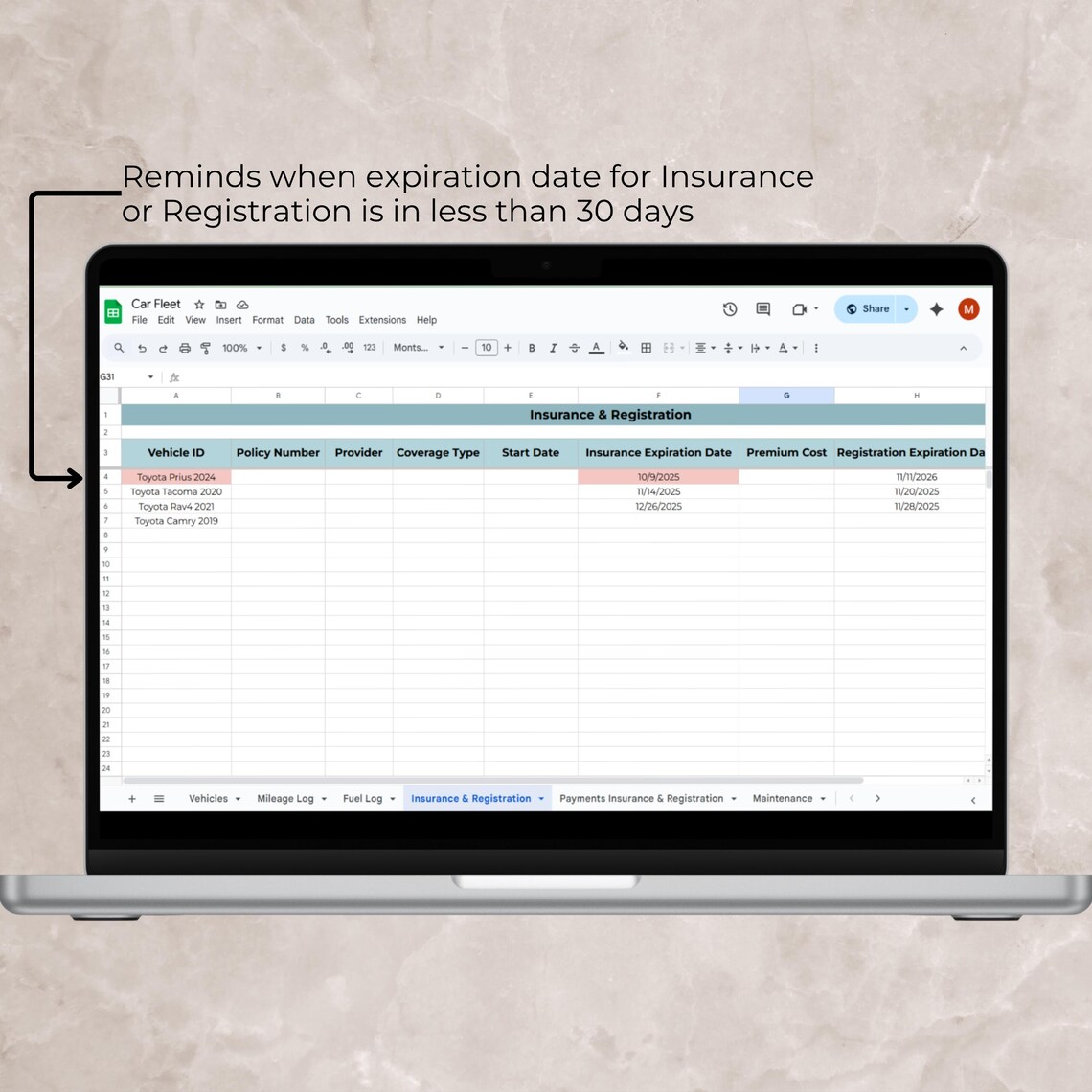 Fleet Management Spreadsheet, Car Maintenance Google Sheet, Vehicle ...