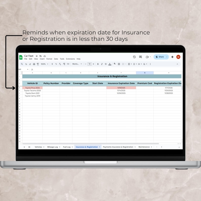 Fleet Management Spreadsheet, Car Maintenance Google Sheet, Vehicle ...