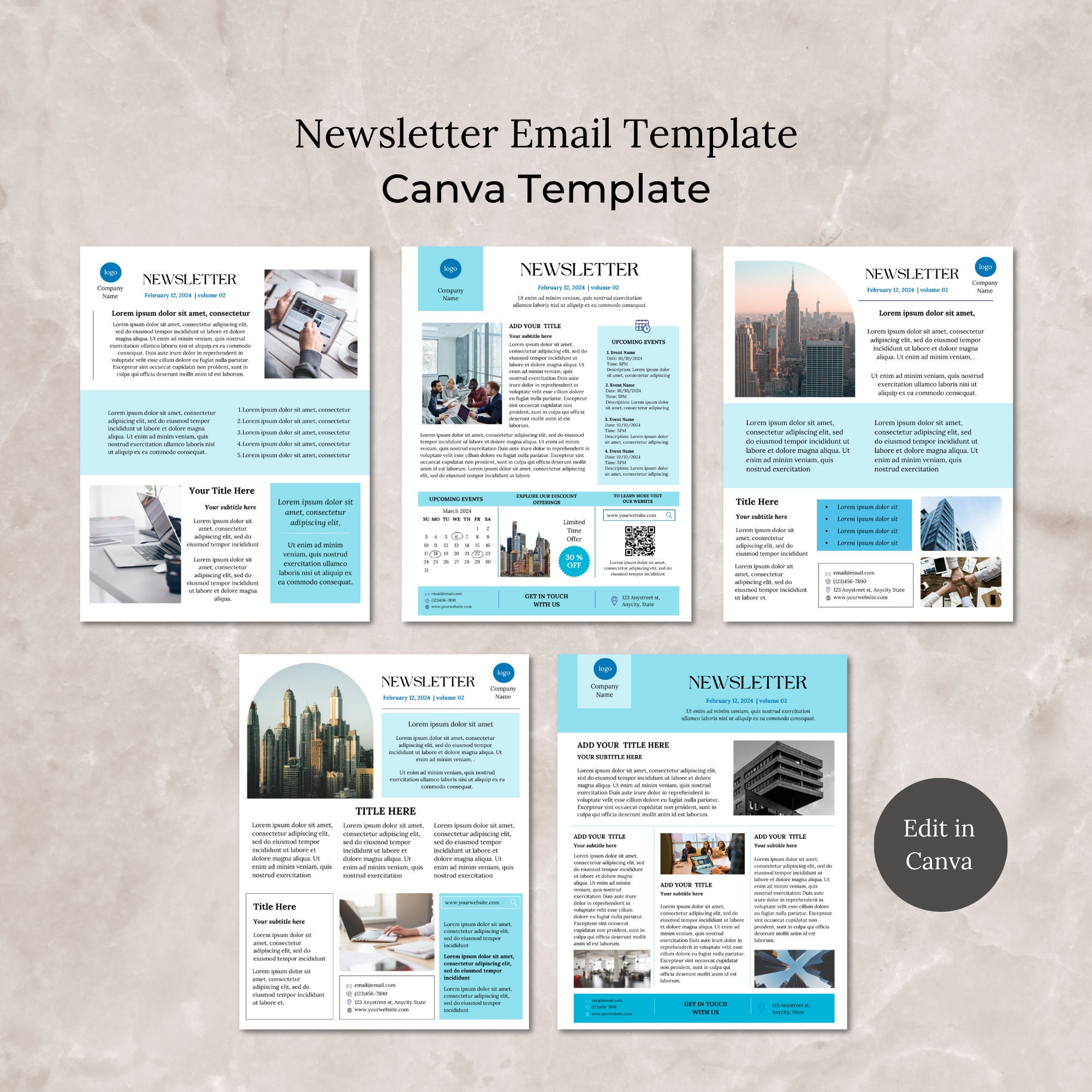 Newsletter Email Template Canva, Blue Editable Business Monthly ...