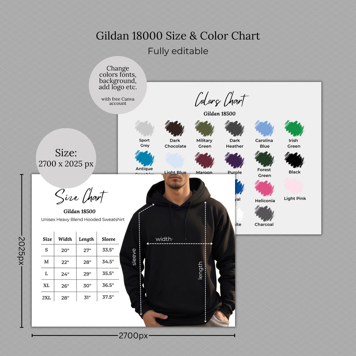 Editable Size Color Chart Canva Template, Man Hoodie Gildan 18500 Size ...