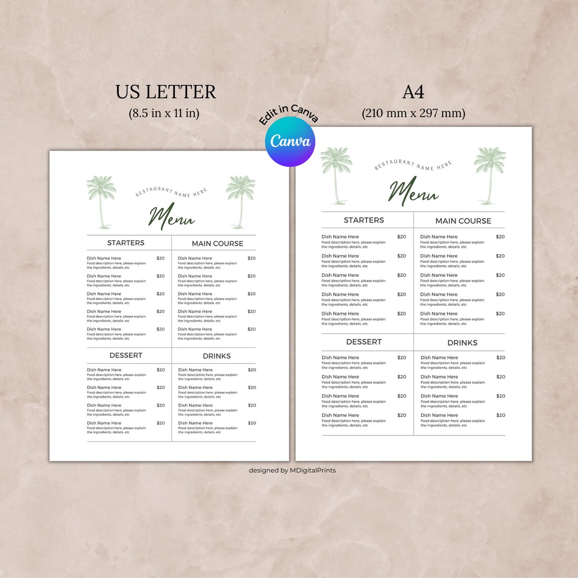 Beach Restaurant Menu Canva Template, Elegant Minimal Editable Food ...