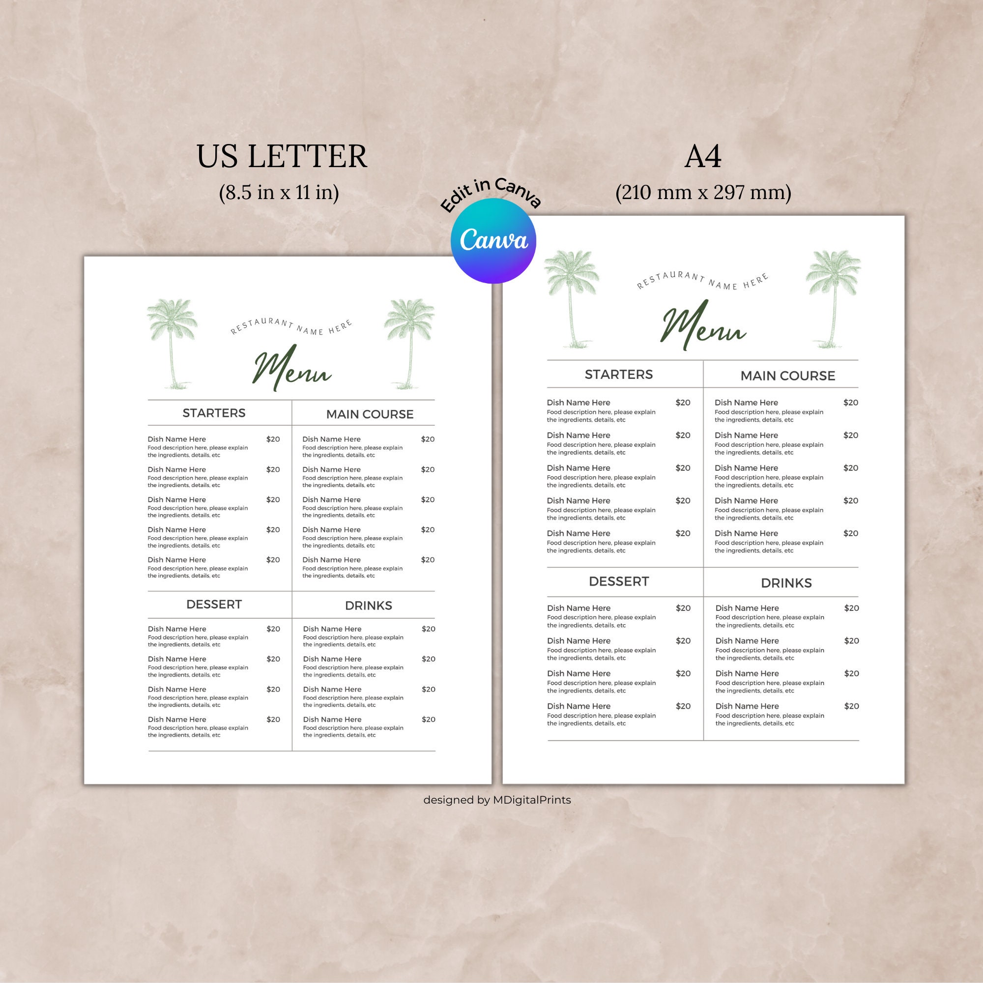Beach Restaurant Menu Canva Template, Elegant Minimal Editable Food ...