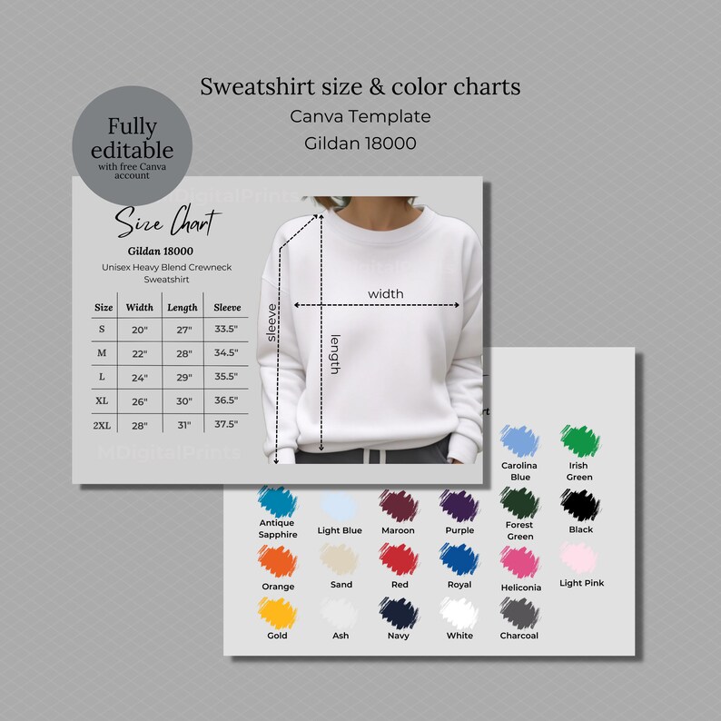 Editable Size Color Chart Canva Template, Sweatshirt Gildan 18000 Size ...