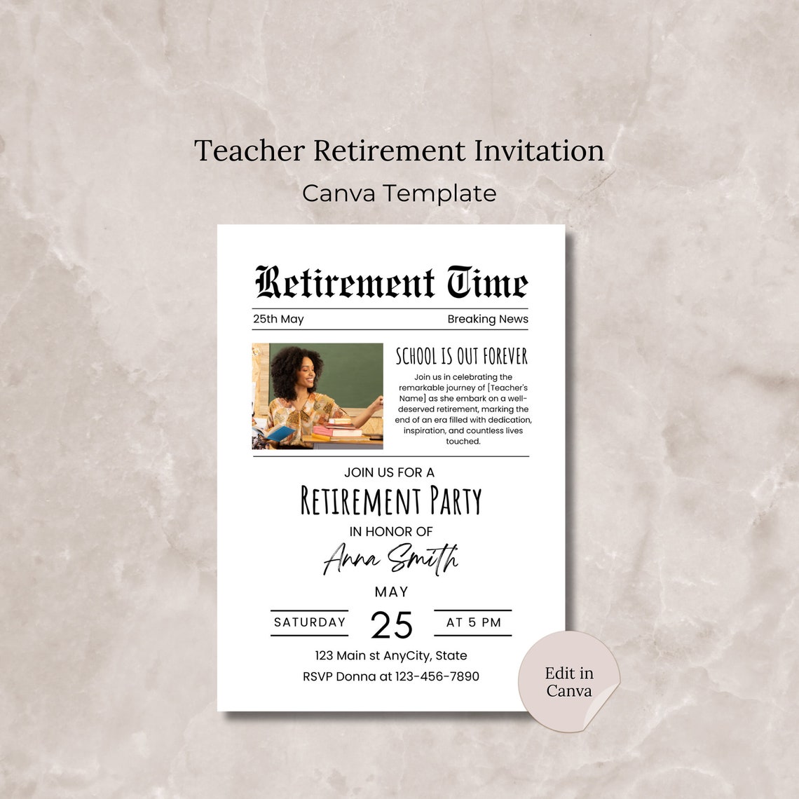 Teacher Retirement Invitation Canva Template Editable School Teacher ...