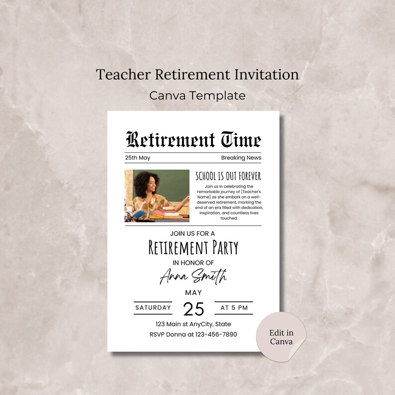 Teacher Retirement Invitation Canva Template Editable School Teacher ...