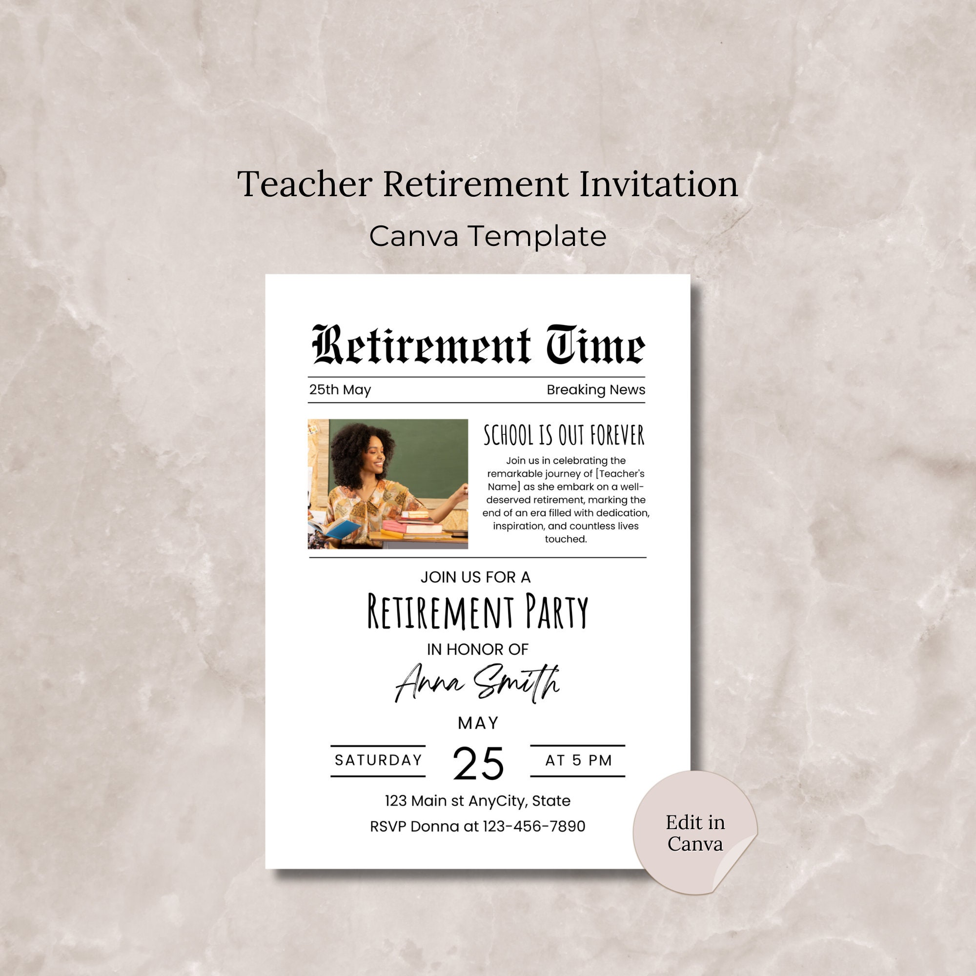 Teacher Retirement Invitation Canva Template Editable School Teacher ...