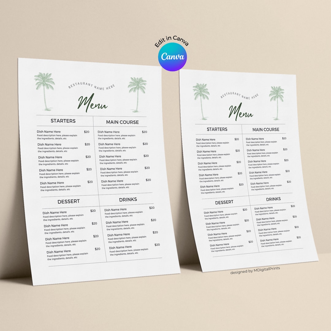 Beach Restaurant Menu Canva Template, Elegant Minimal Editable Food ...