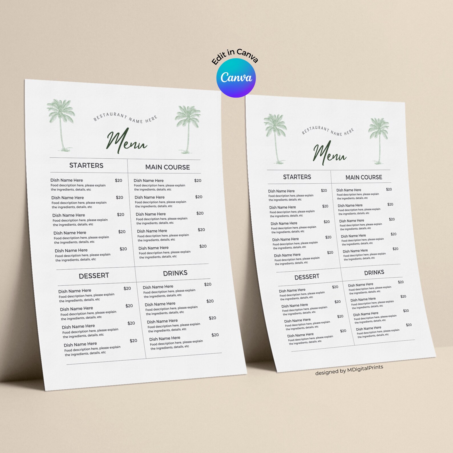 Beach Restaurant Menu Canva Template, Elegant Minimal Editable Food ...