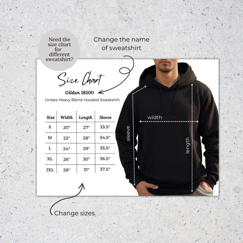 Editable Size Color Chart Canva Template, Man Hoodie Gildan 18500 Size ...