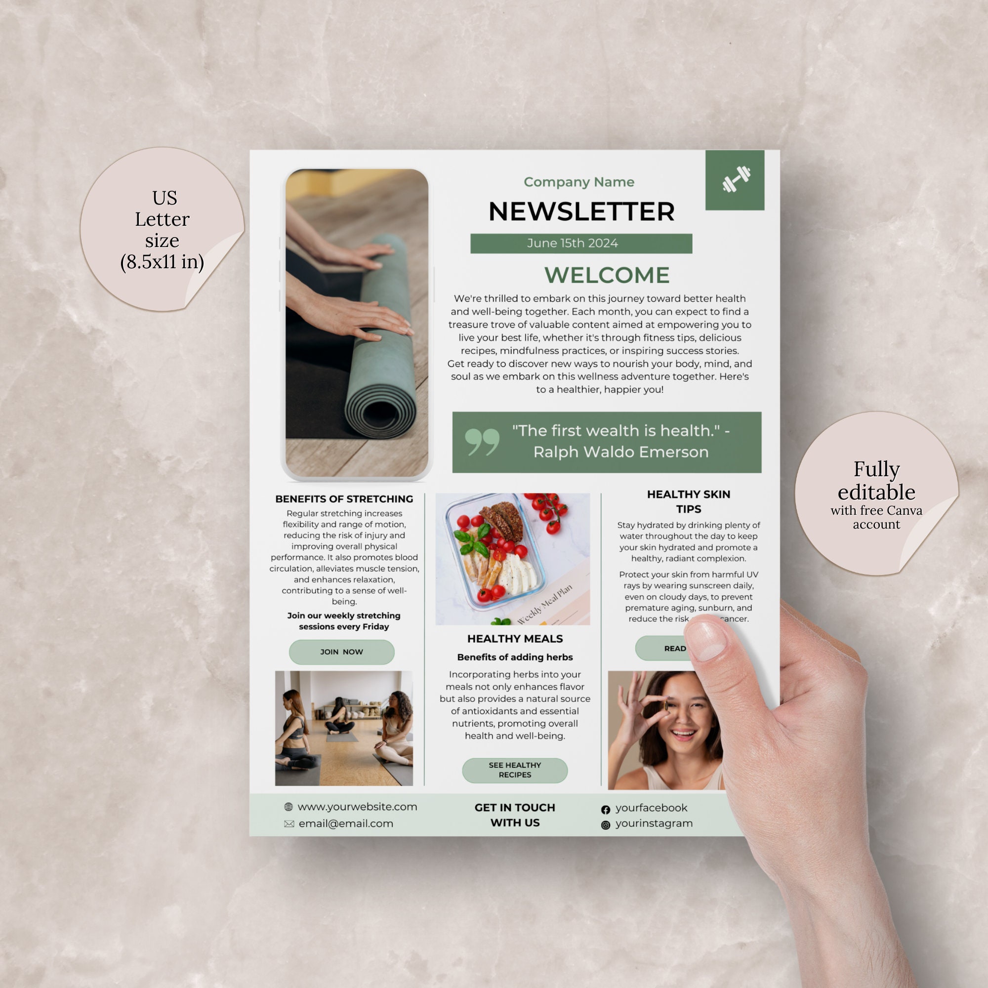 Wellness Newsletter Email Template Canva Sage Green Editable Business ...