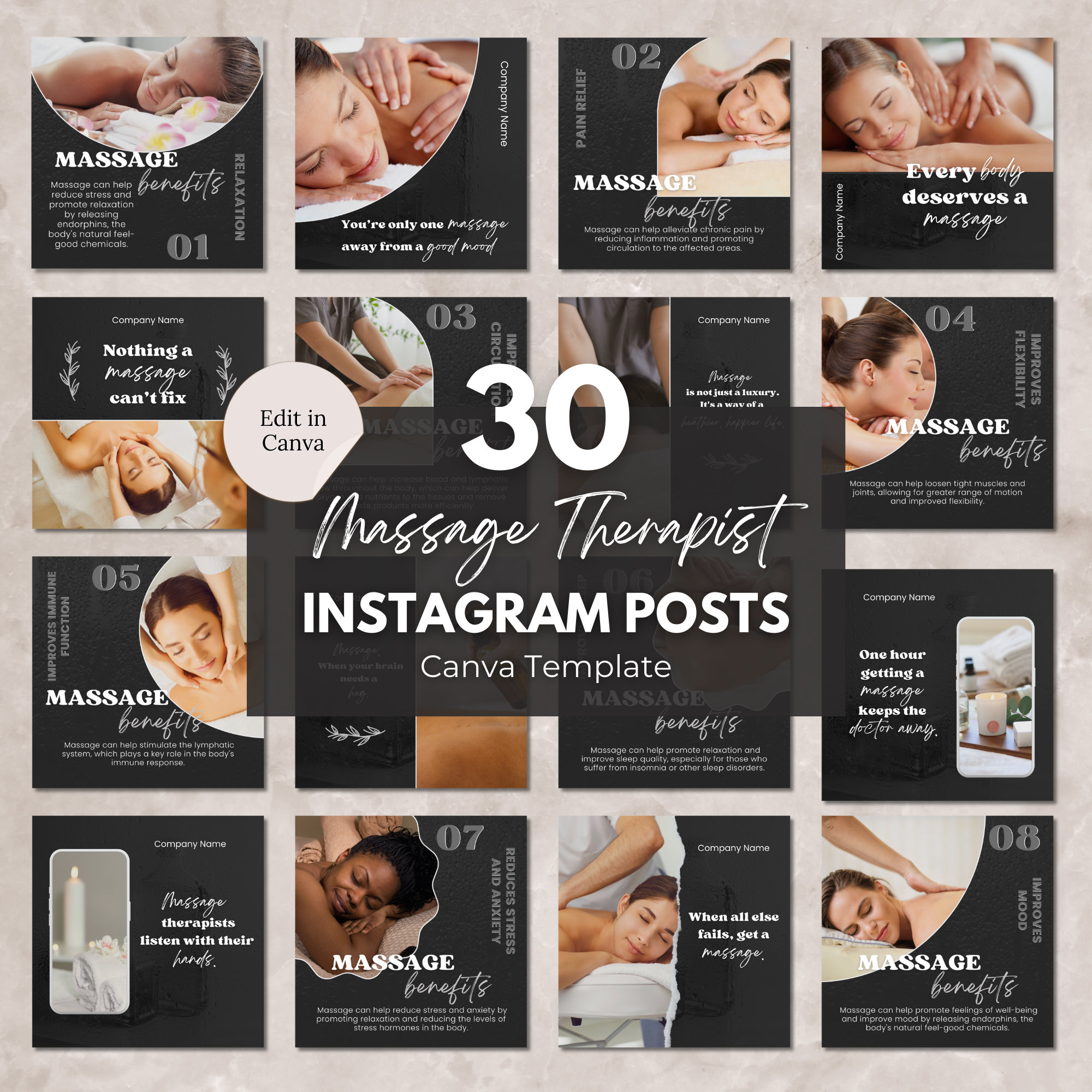 Massage Instagram Posts Canva Template Editable Massage Therapist ...