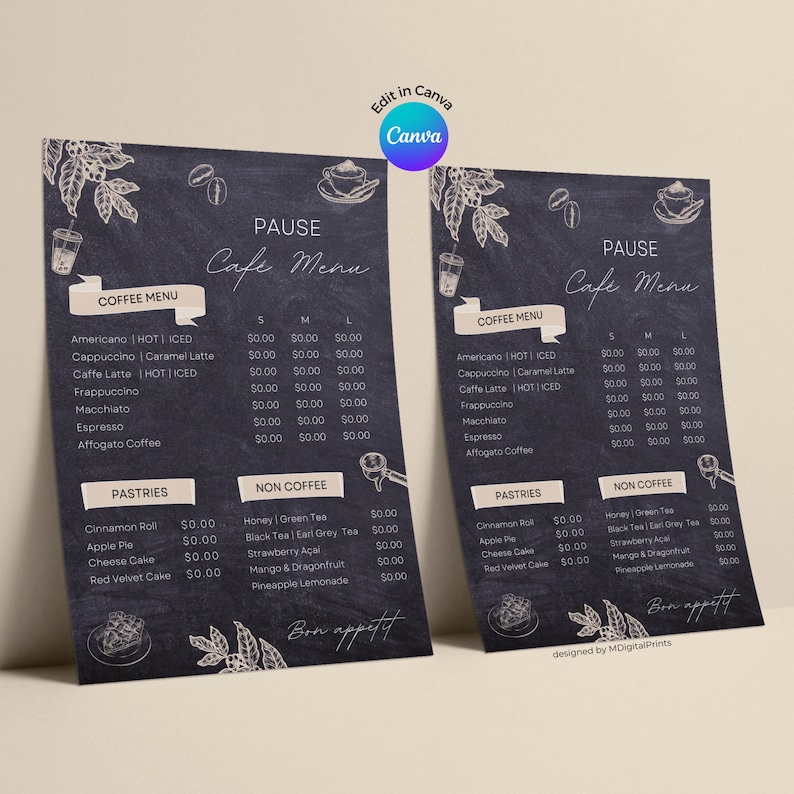 Coffee Shop Menu Canva Template, Cafe Menu Chalkboard Editable Template ...