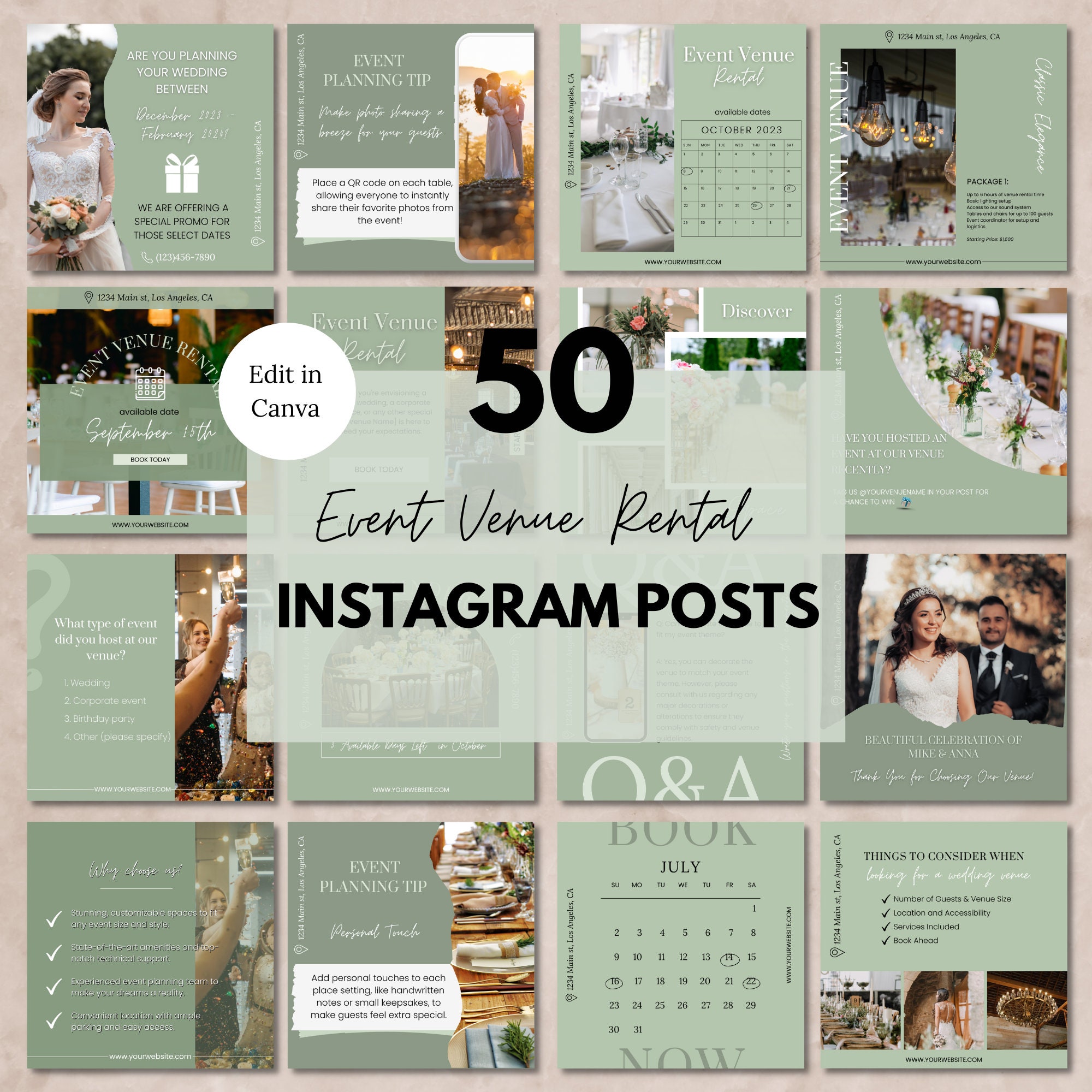 Event Venue Rental Instagram Posts Canva Template Editable Wedding ...