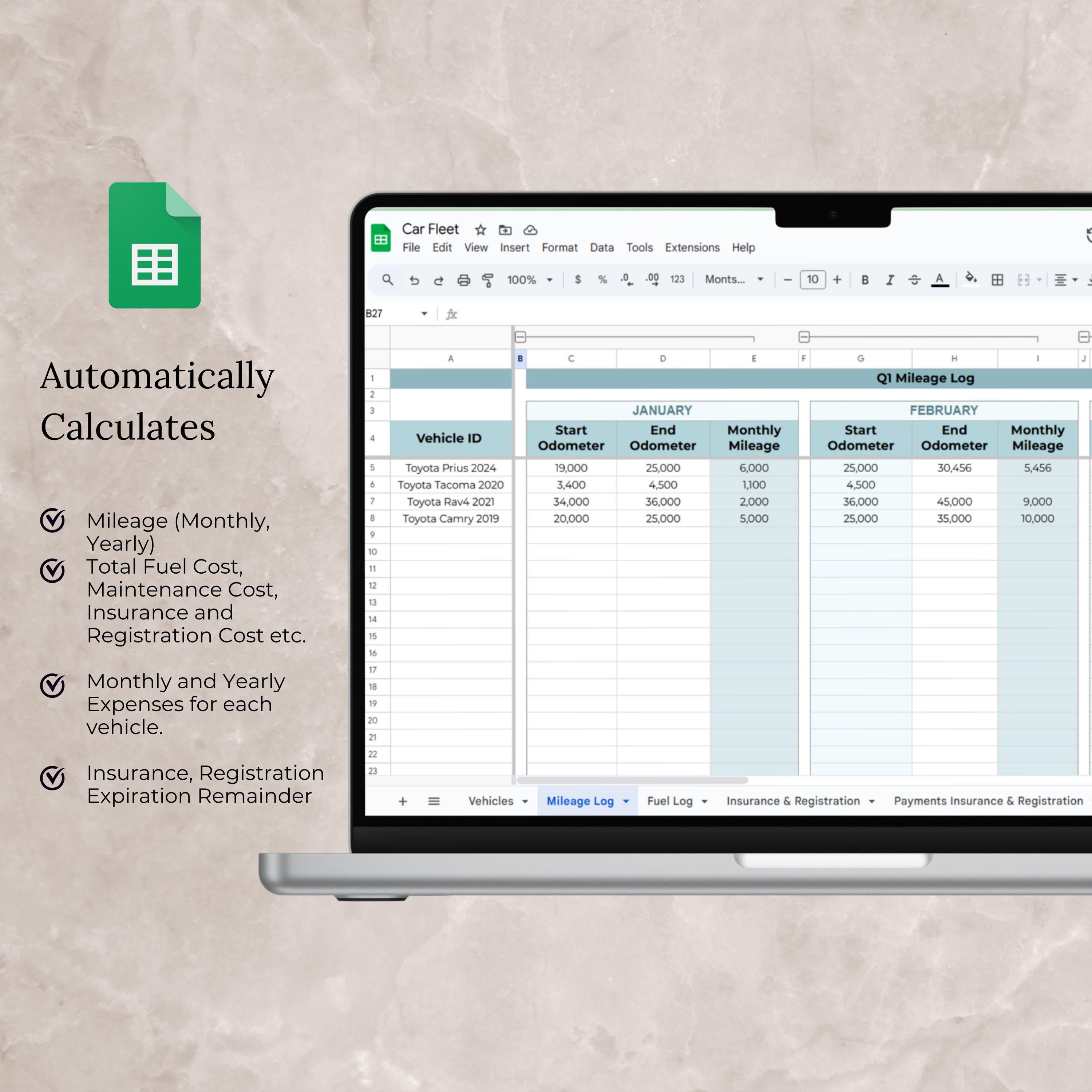 Fleet Management Spreadsheet, Car Maintenance Google Sheet, Vehicle ...