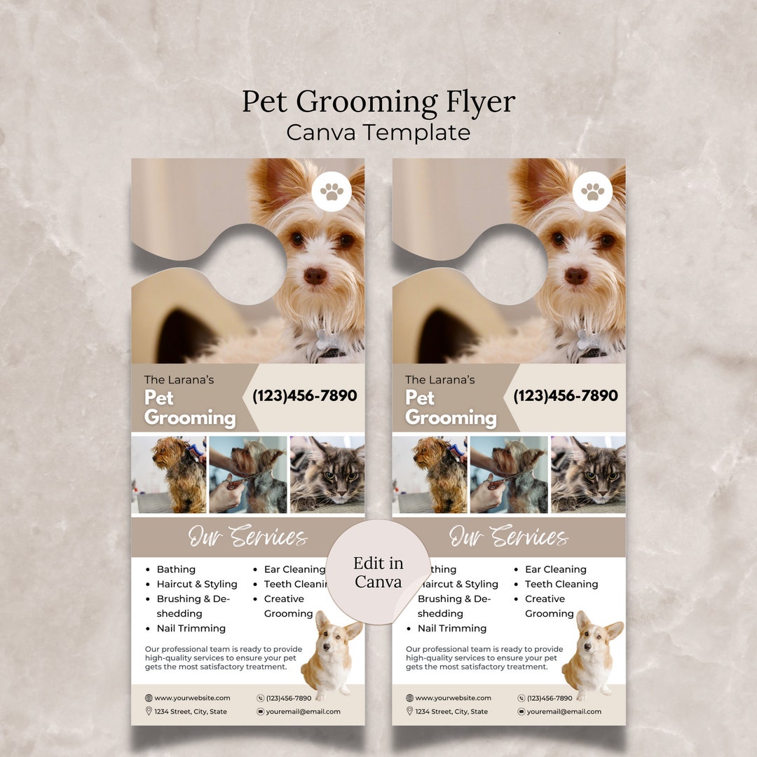 Pet Grooming Flyer Canva Template, Editable Pet Groomer Door Hanger ...