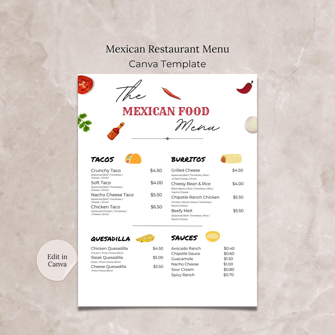 Mexican Food Menu Canva Template, Editable Menu for Mexican Restaurant ...