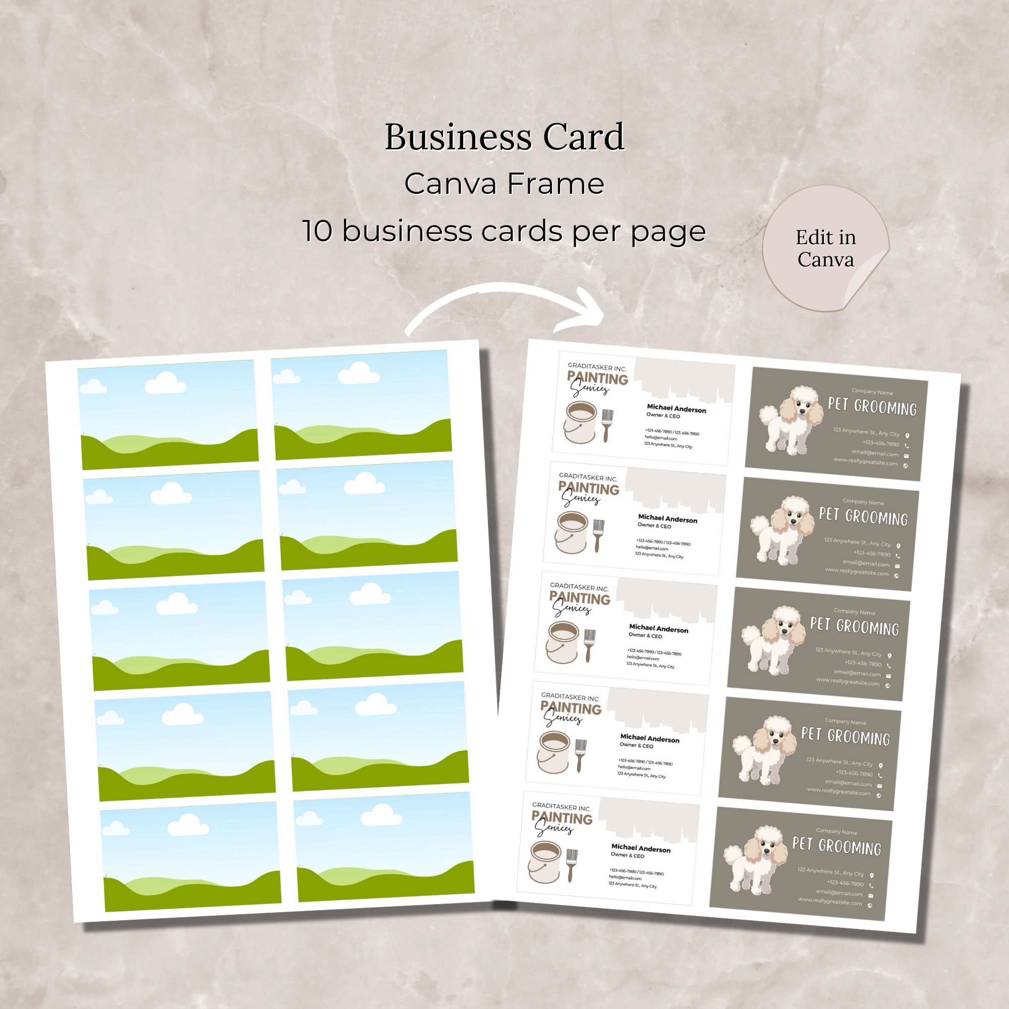 Blank Business Card Canva Frame Template, Multiple Business Cards per ...