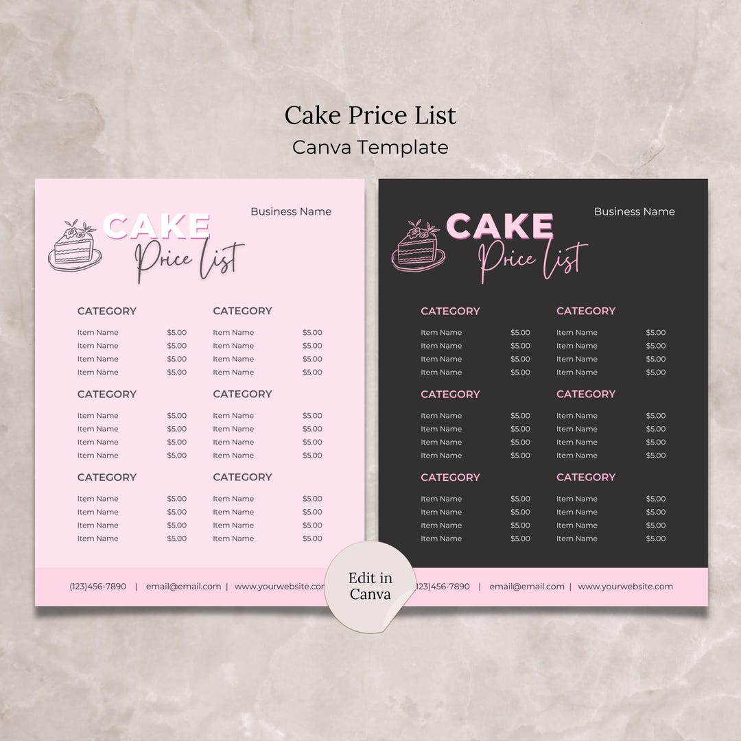 Cake Price List Template Canva Editable Bakery Price List Pink Cake ...
