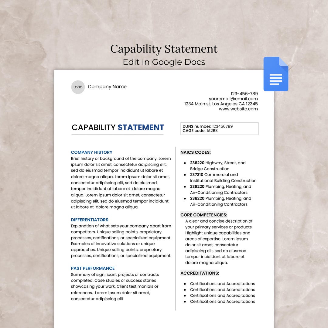 Capability Statement Google Docs Template Editable Capability Statement ...