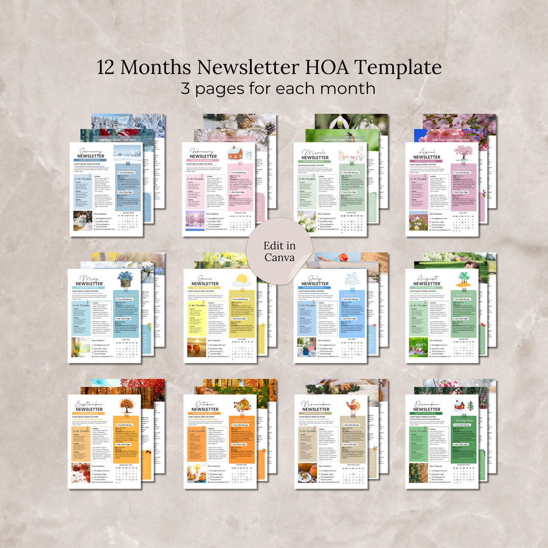 HOA Monthly Newsletter Canva Template, Editable Full Year Newsletter ...