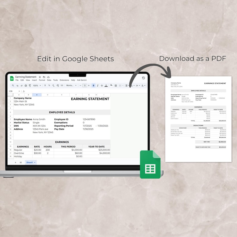 Paystub Template Google Sheets, Editable Earnings Statement Download as ...